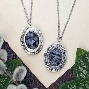 Stone Oval Locket Necklaces in Onyx, Black and Gray Snowflake Obsidian ...