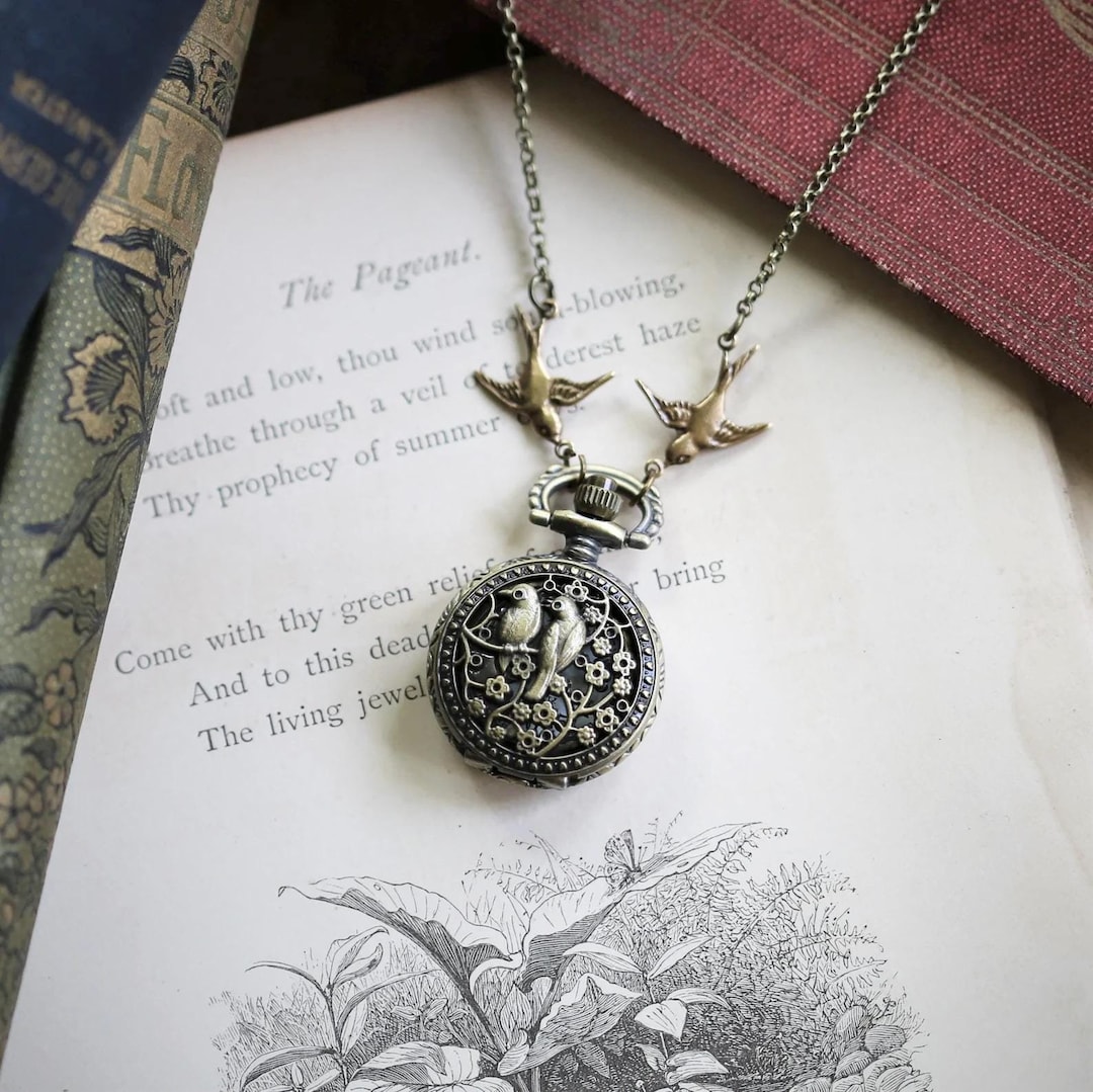Love Birds Watch Necklace - Vintage Style in Antique Brass - Battery ...