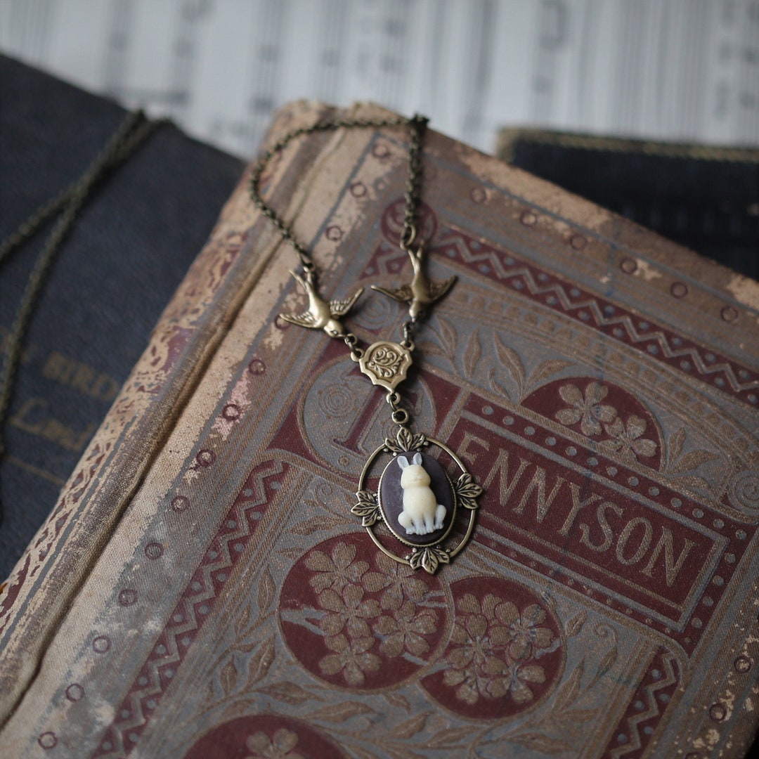 Victorian Rabbit Cameo Necklaces With Birds - Choose a Cat or Bunny - Etsy