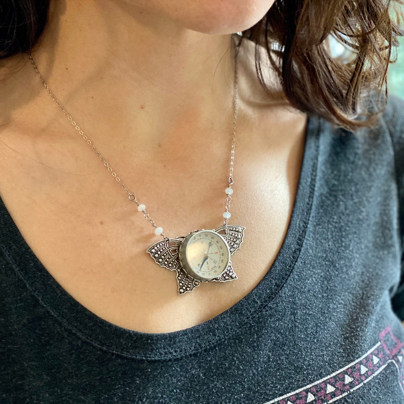 Butterfly Compass Necklace in Antique Silver With White Beads - Etsy