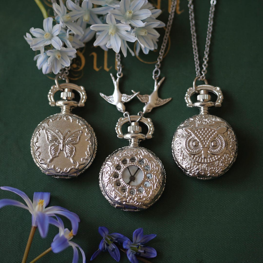 Silver Watch Necklace in Vintage Styles: Sun & Moons, Butterfly, or Owl ...
