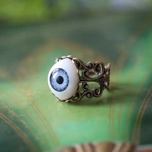 Green Eye Ring in Antique Silver or Brass Vintage Style Adjustable Band ...