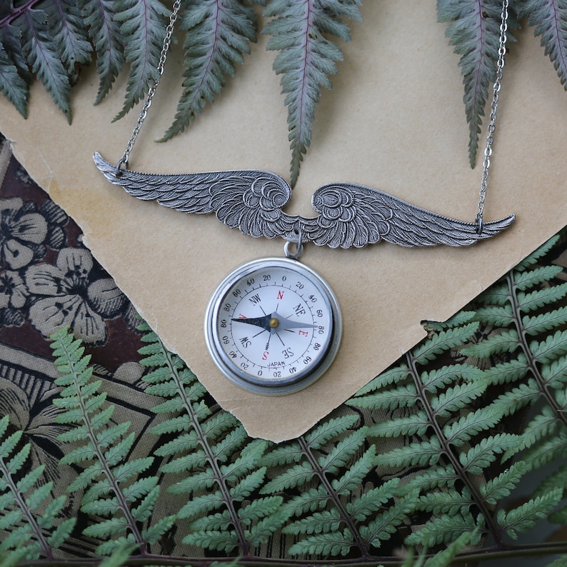 Vintage Silver Compass Necklace - Choose a Style: Simple, Bird, Wings ...