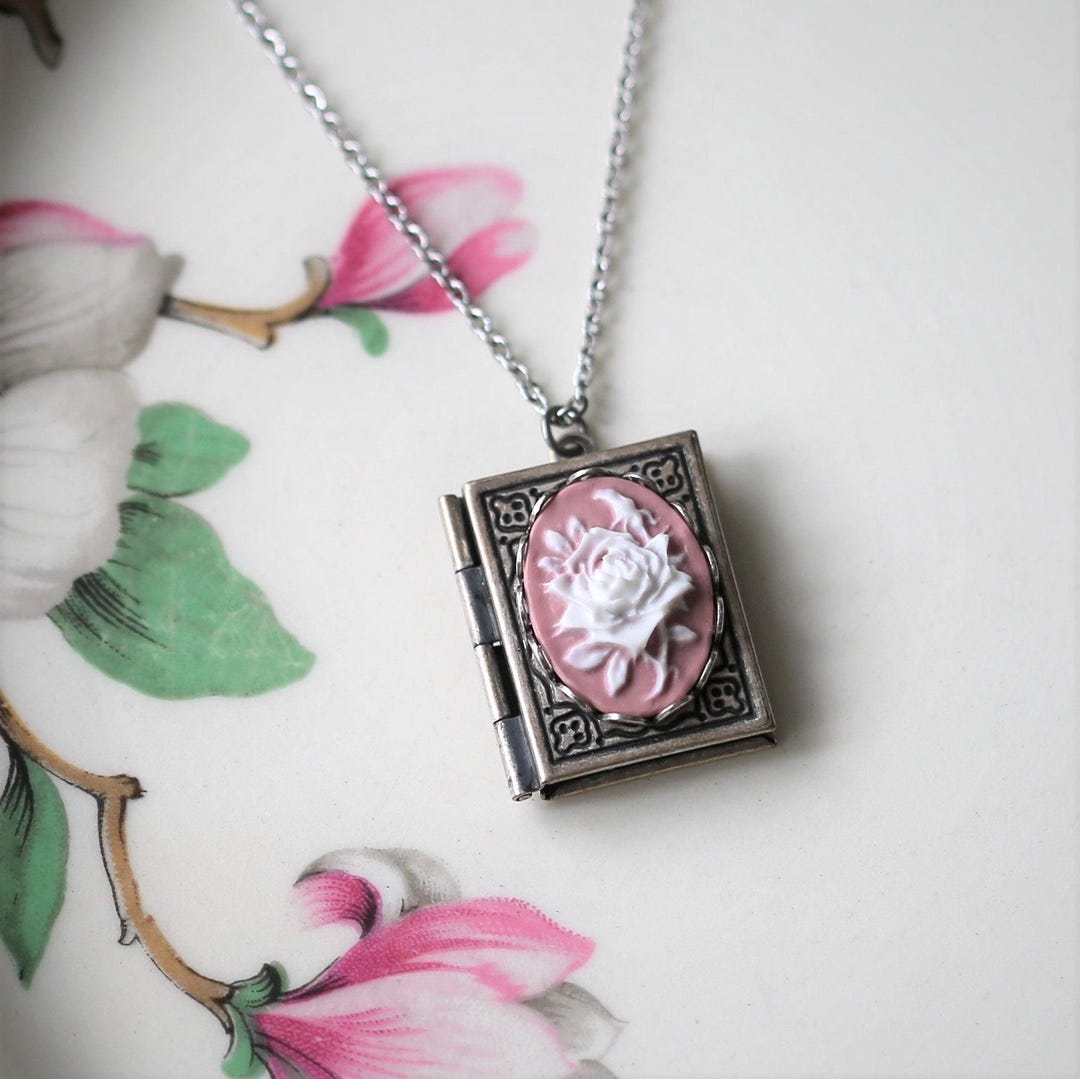 Rose Cameo Book Locket Necklace, Vintage-style Photo Locket in Antiqued ...