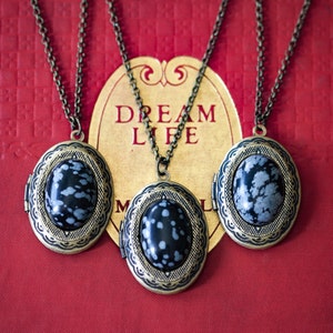Stone Oval Locket Necklaces in Onyx, Black and Gray Snowflake Obsidian ...