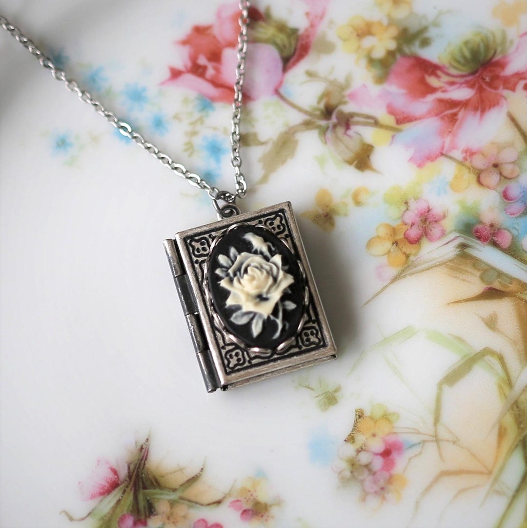 Silver Book Locket Necklace With Rose Cameo in Vintage Style- Choose ...