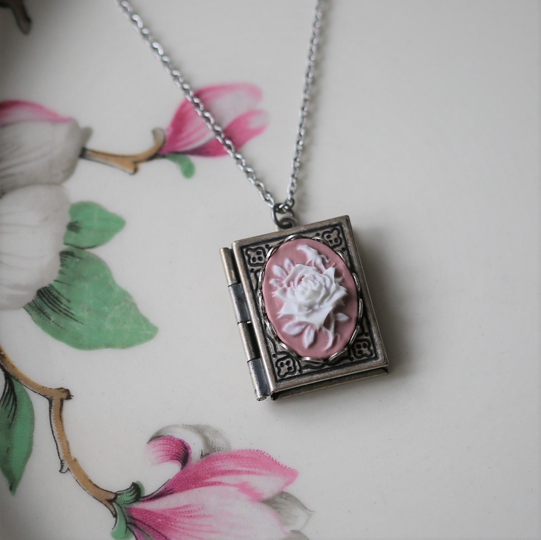 Cameo Rose Book Locket Necklace in Antique Silver Choose Pink Blue ...