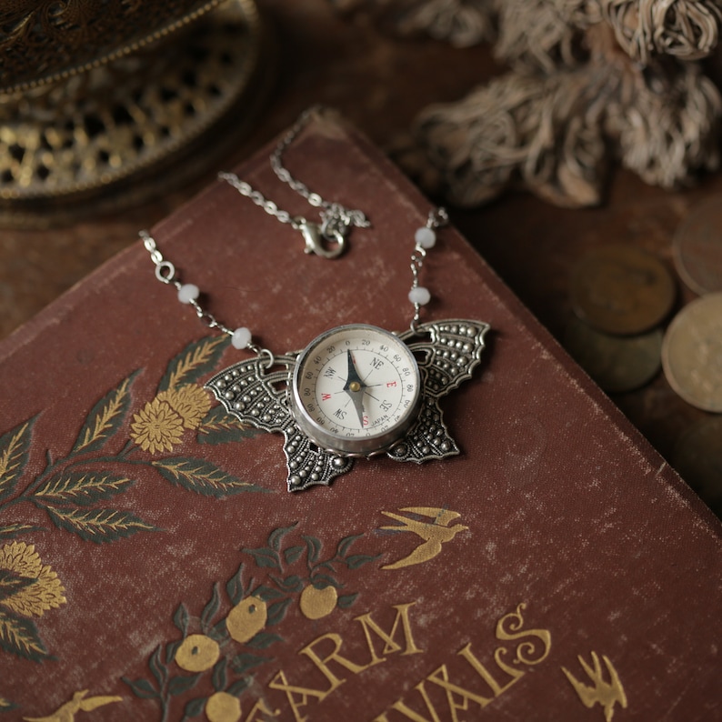 Butterfly Compass Necklace in Antique Silver With White Beads | Etsy