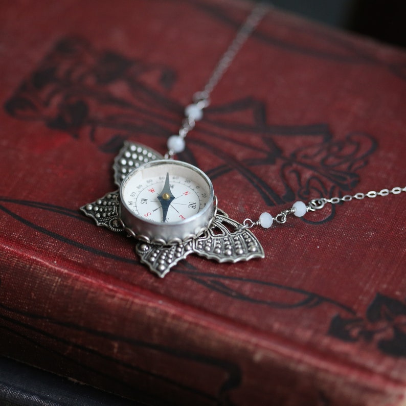Butterfly Compass Necklace in Antique Silver With White Beads - Etsy