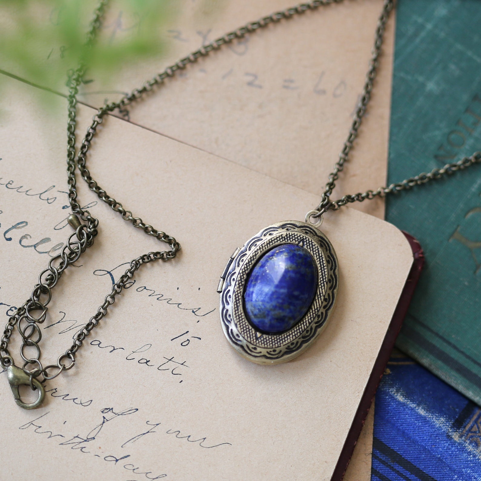Blue Stone Locket Oval Vintage Style Necklaces in Blue Agate, Howlite ...