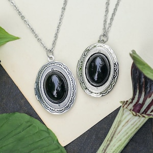 Stone Oval Locket Necklaces in Onyx, Black and Gray Snowflake Obsidian ...