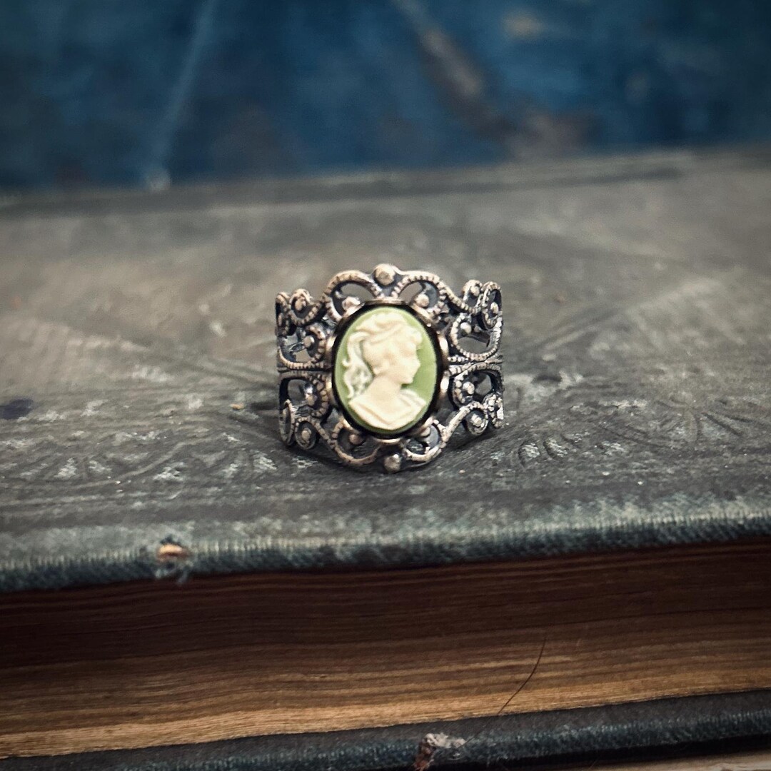 Victorian Green Cameo Filigree Ring – Adjustable Vintage-style Ring in ...