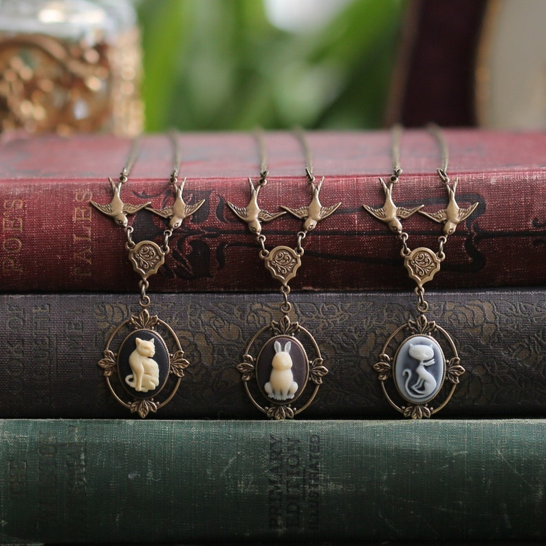 Victorian Rabbit Cameo Necklaces With Birds - Choose a Cat or Bunny - Etsy