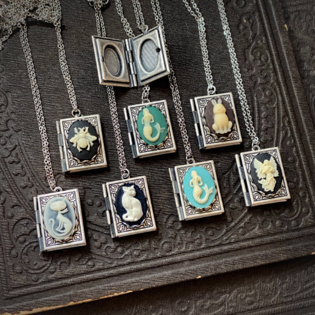 Cameo Book Locket Necklace in Antique Silver Bee, Mermaid, Rabbit, Cat ...