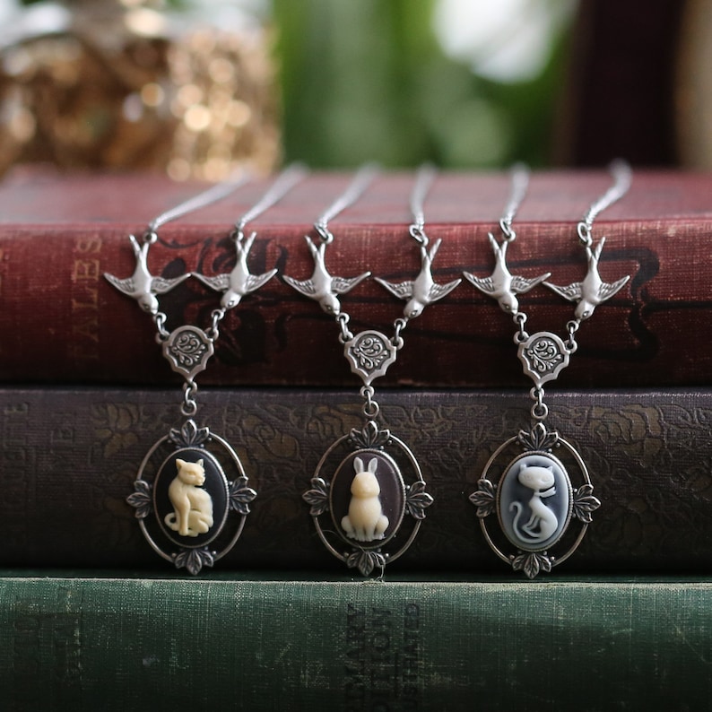 Victorian Rabbit Cameo Necklaces With Birds - Choose a Cat or Bunny - Etsy