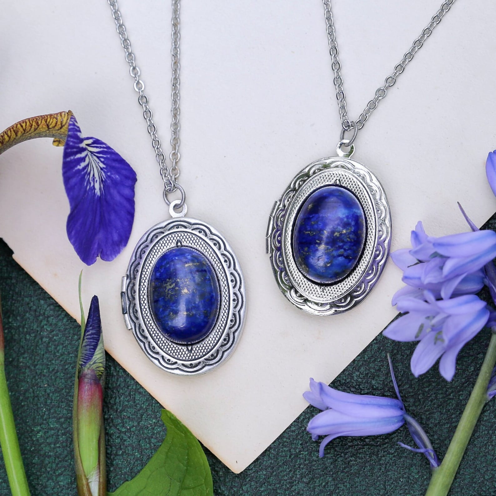 Blue Stone Locket Oval Vintage Style Necklaces in Blue Agate, Howlite ...