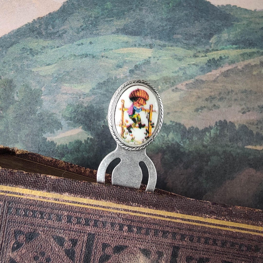 Vintage Holly Hobbie Hiker Jumping Fence Cabochon Set on Antiqued Brass ...