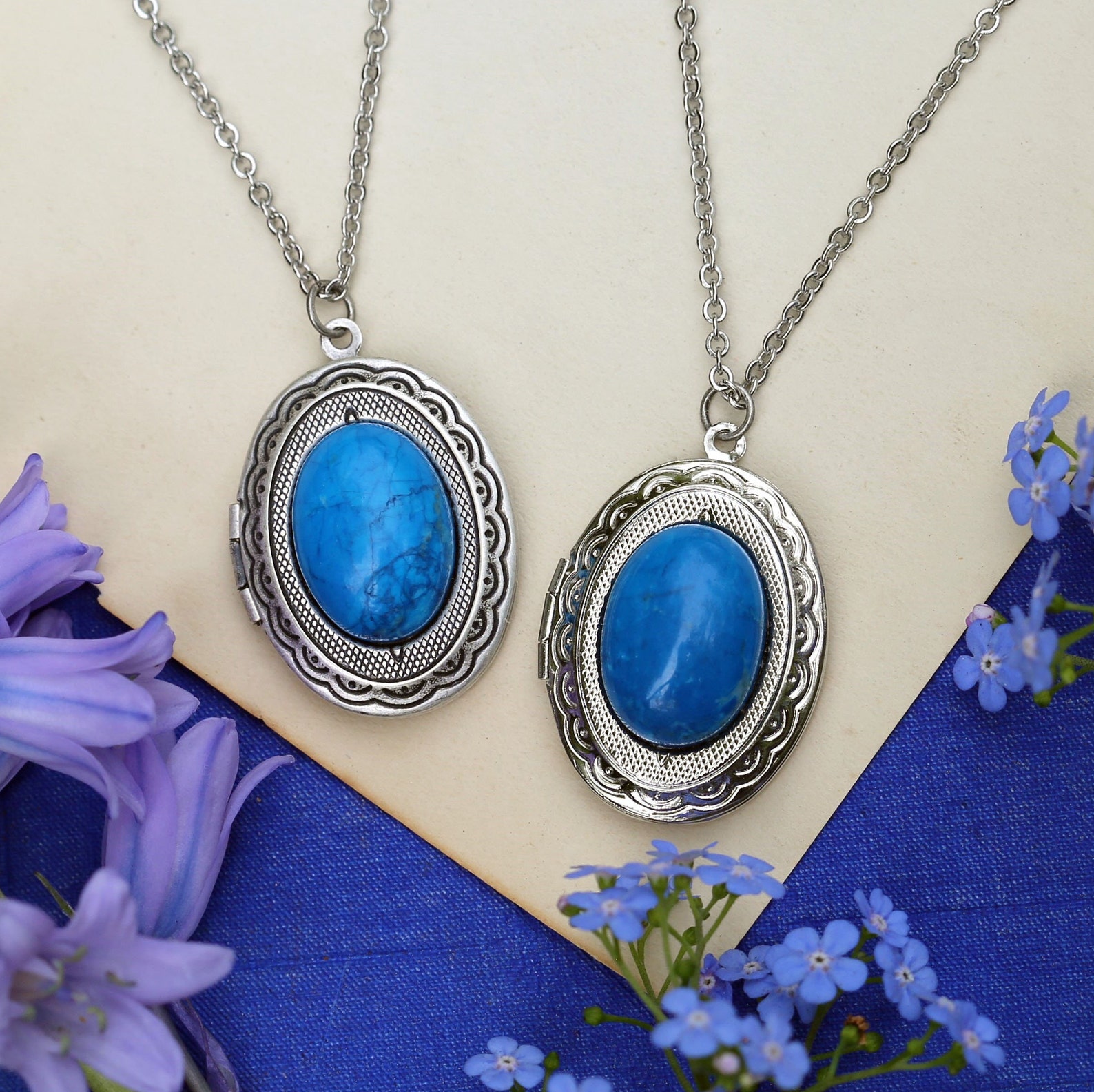 Blue Stone Locket Oval Vintage Style Necklaces in Blue Agate, Howlite ...
