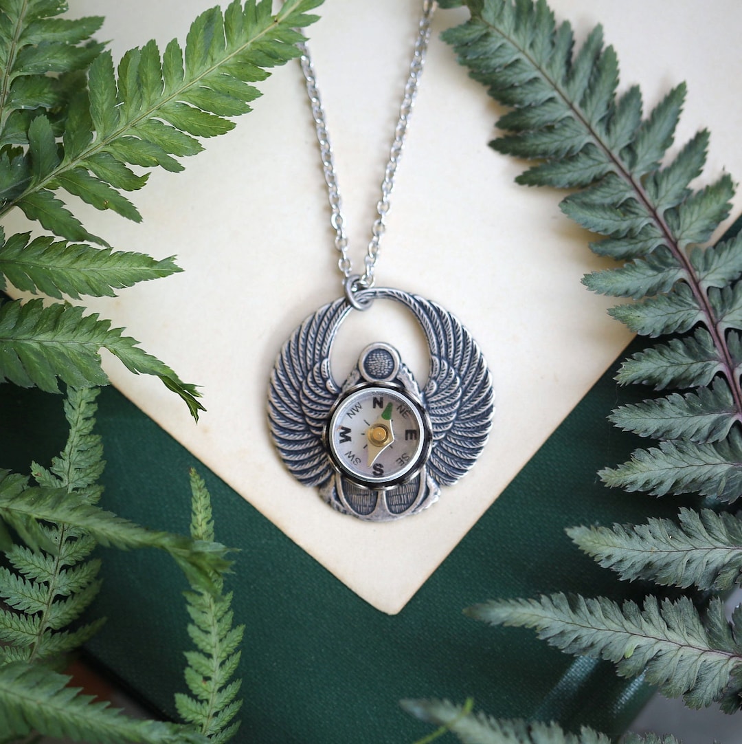 Egyptian Scarab With With Mini Compass Necklace in Antiqued Silver ...