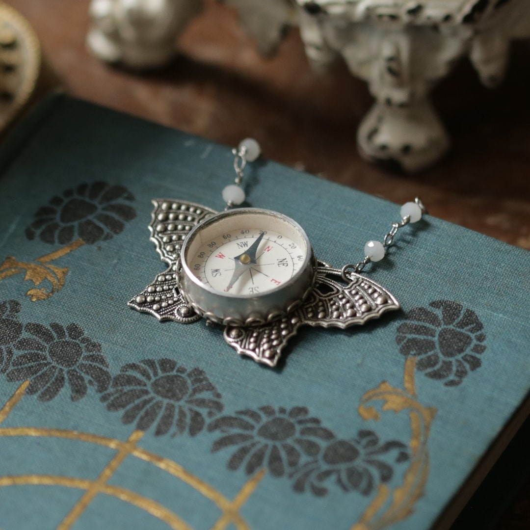 Butterfly Compass Necklace in Antique Silver With White Beads - Etsy