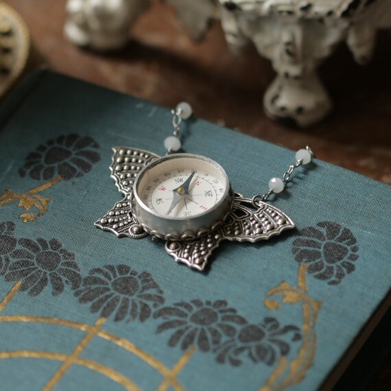Butterfly Compass Necklace in Antique Silver With White Beads | Etsy