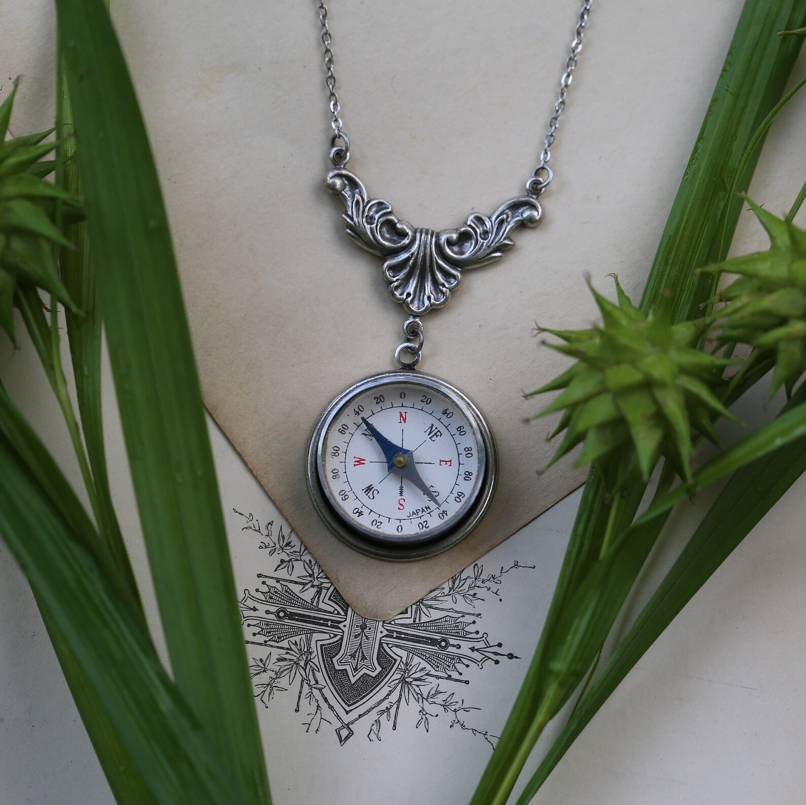 Vintage Silver Compass Necklace - Choose a Style: Simple, Bird, Wings ...