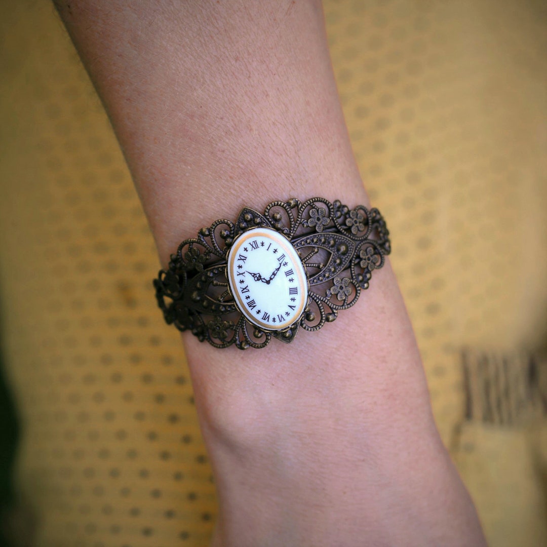 Victorian Clock Face Adjustable Filigree Cuff Steampunk Style Bracelet ...