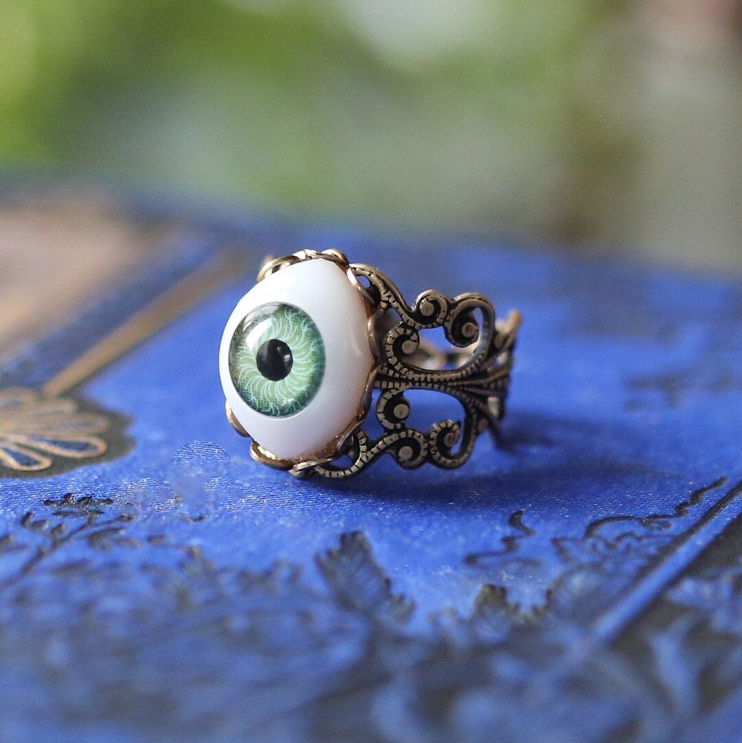Green Eye Ring in Antique Silver or Brass Vintage Style Adjustable Band ...