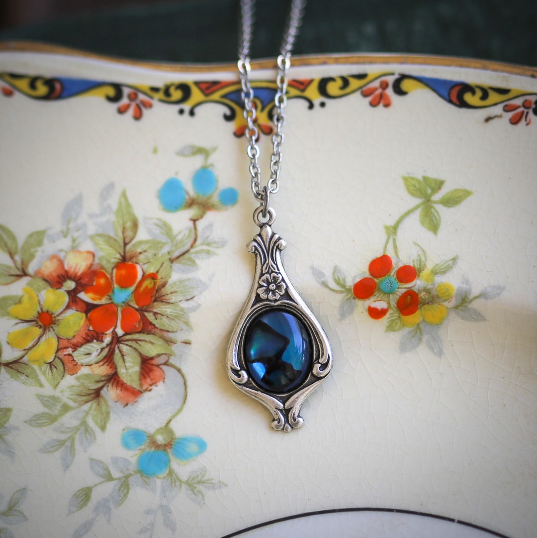 Blue Paua Abalone Shell Necklace, Delicate Floral Victorian Pendant ...