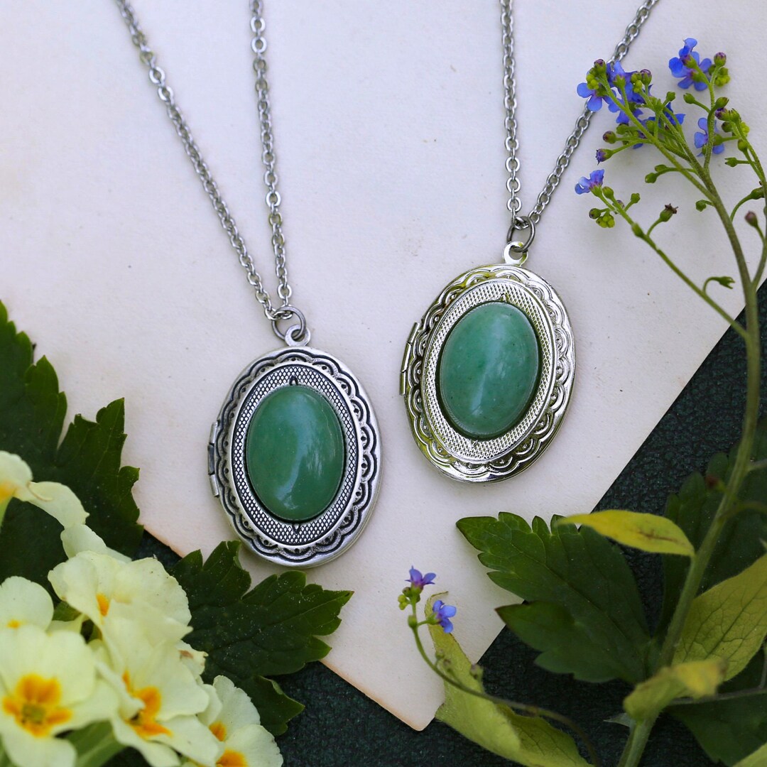 Gemstone Locket Necklace in Vintage Style Choose Aventurine, Tree Agate ...