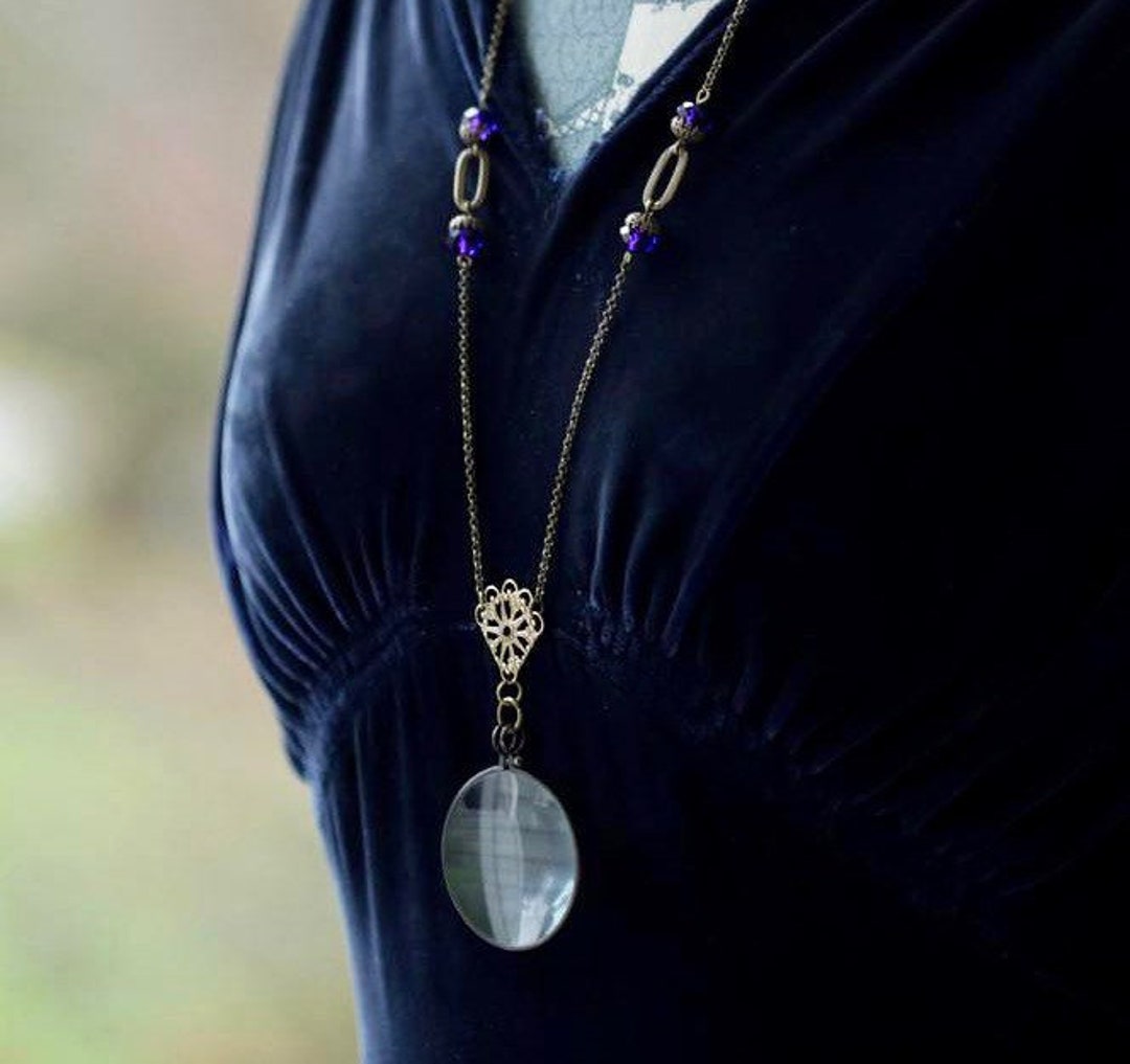Monocle Necklace With Filigree and Blue Beads Vintage Style - Etsy