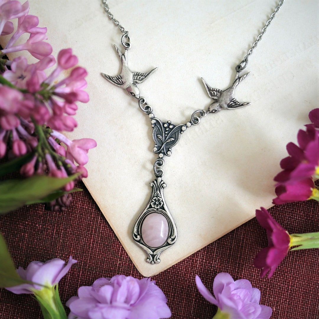 Victorian Rose Quartz Necklace With Birds in Vintage Style. Choose a ...
