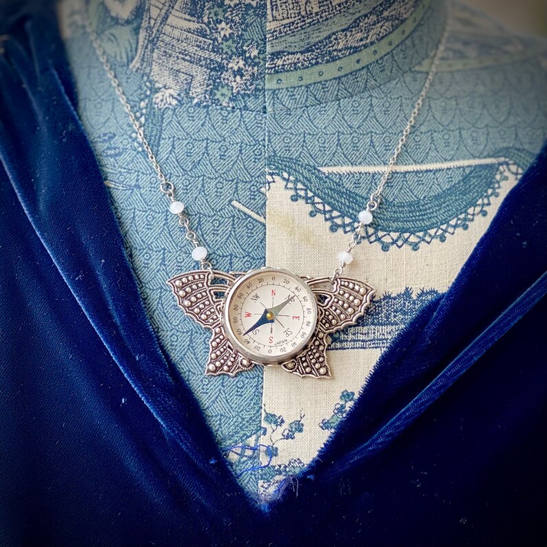 Butterfly Compass Necklace in Antique Silver With White Beads - Etsy