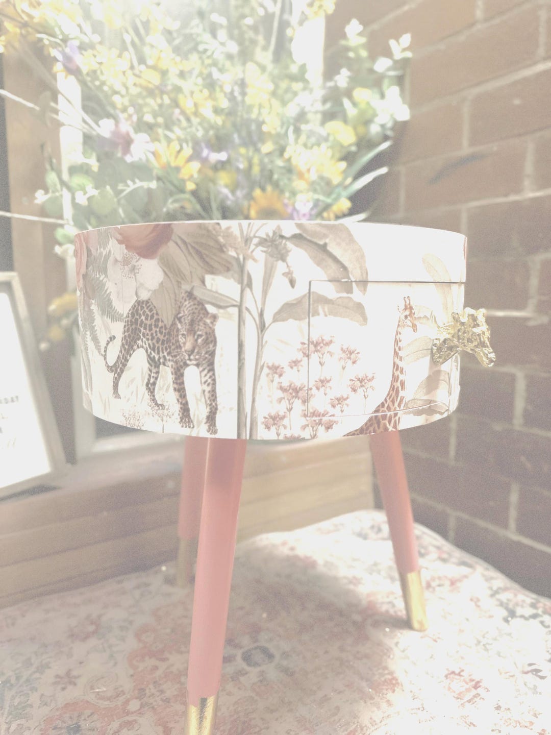 Pink Safari Side Table With Gold Leaf Top. Leopard/giraffe/jaguar Table ...