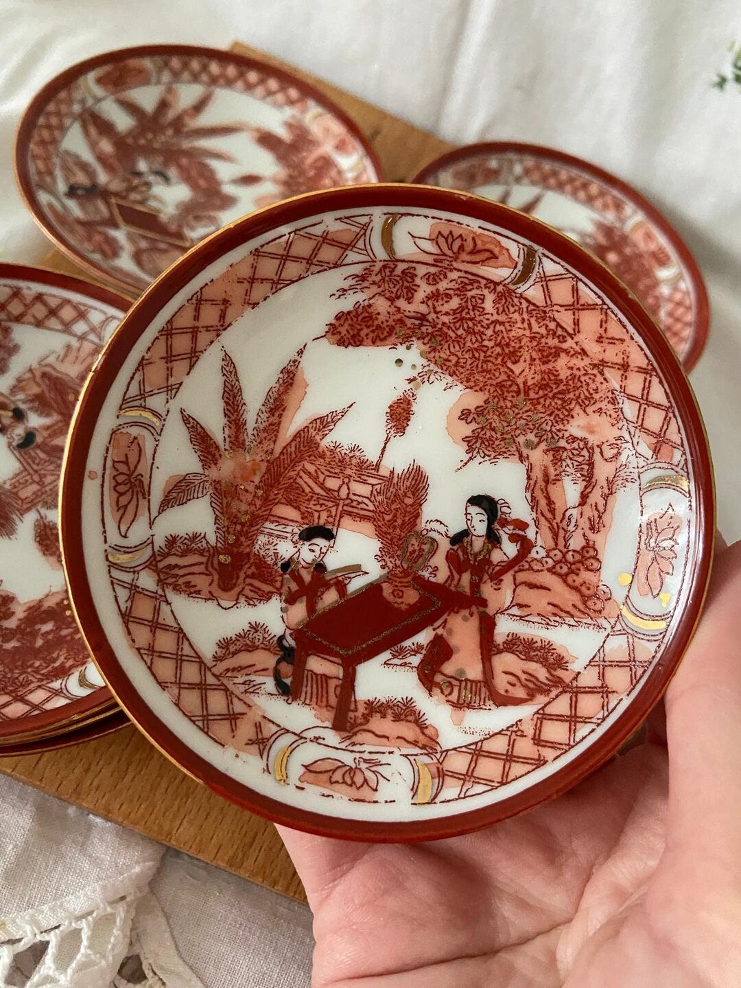 Japanese Set of 6 Small Plates, Fine Bone China Porcelain, Handpainted ...