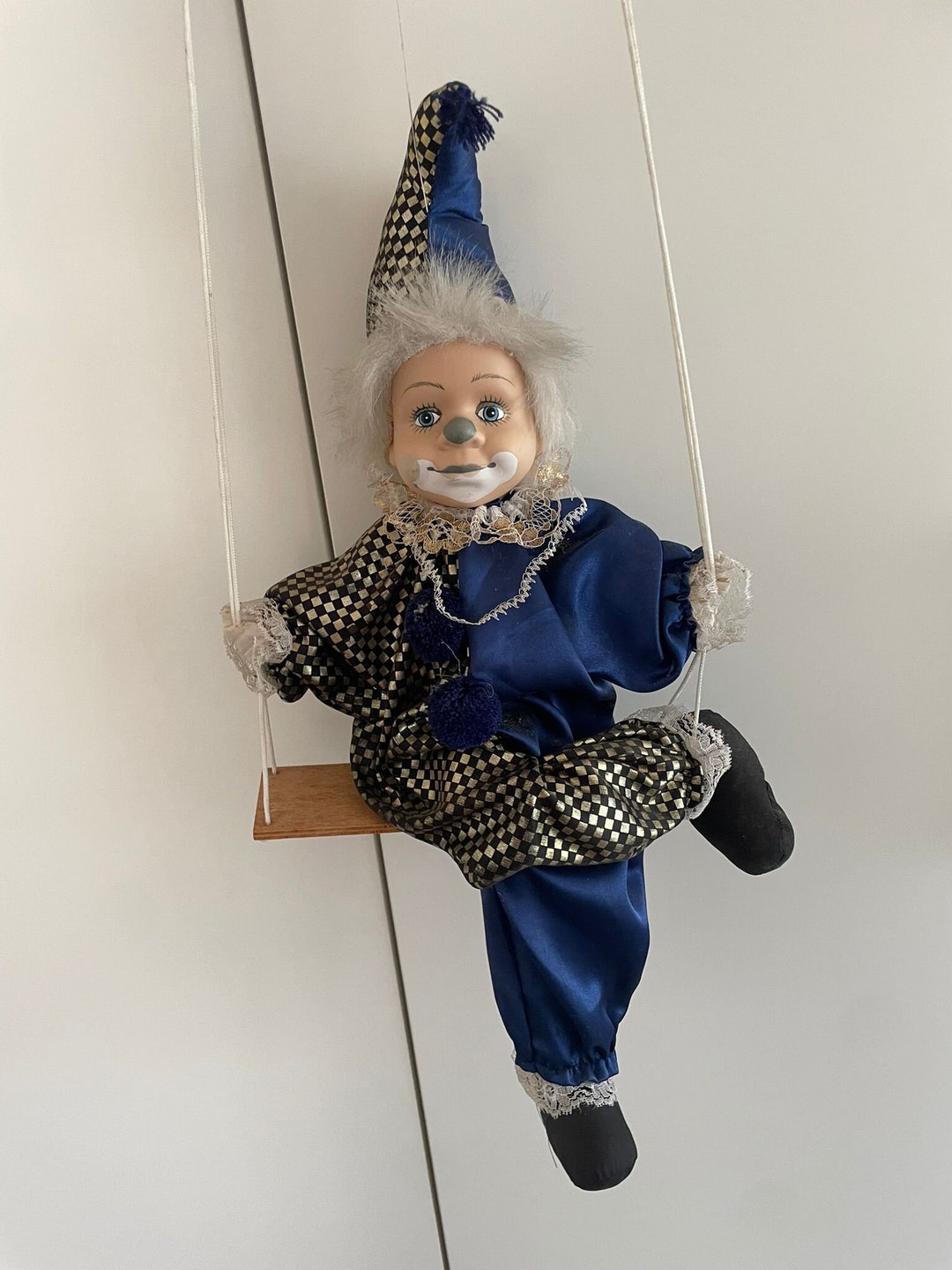 Vintage Porcelain Clown Doll, Vintage Clown Marionette on a Swing Doll ...
