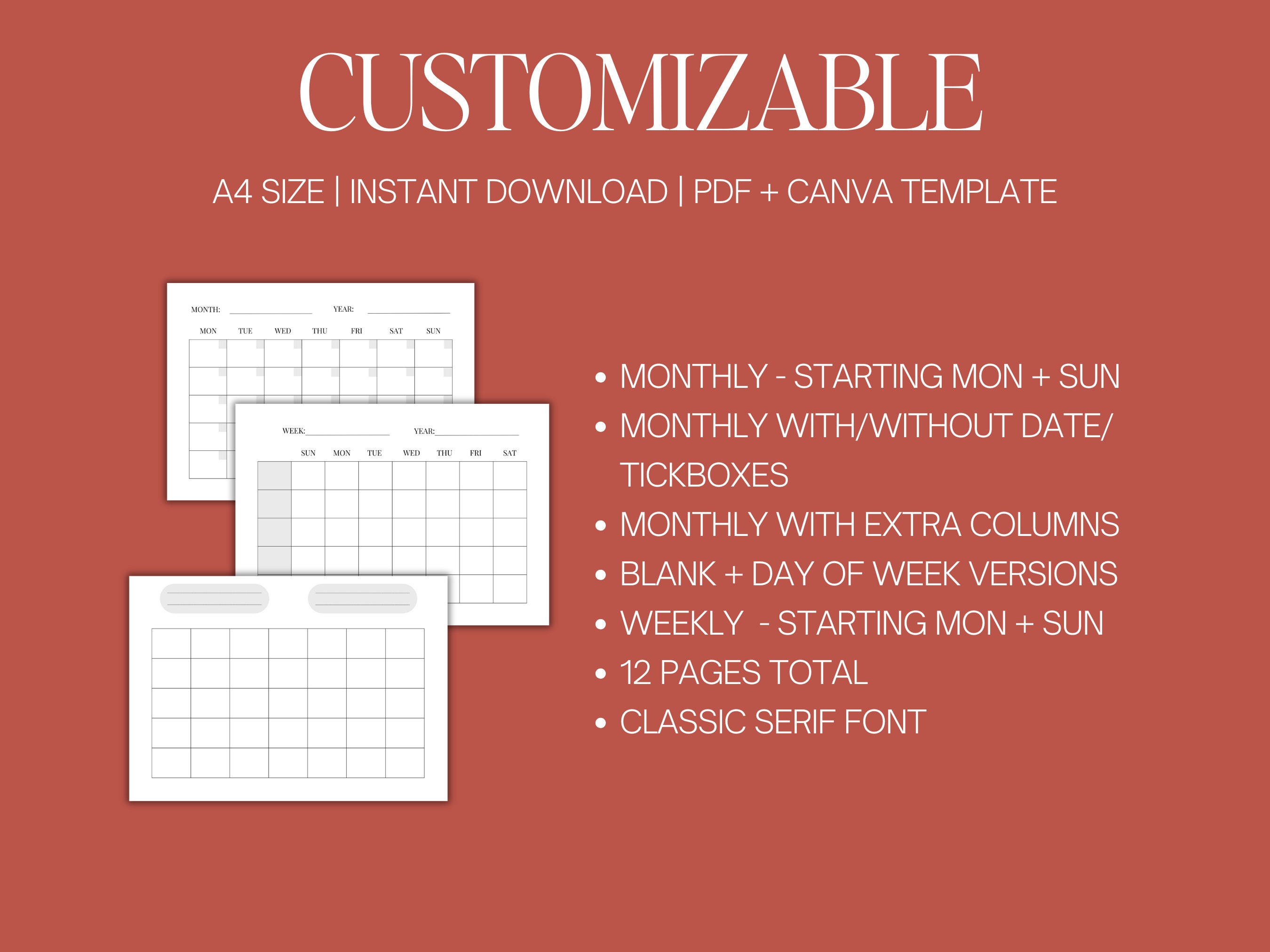 Blank Calendar Printable - Monthly Planning PDF, A4 & Letter Size ...