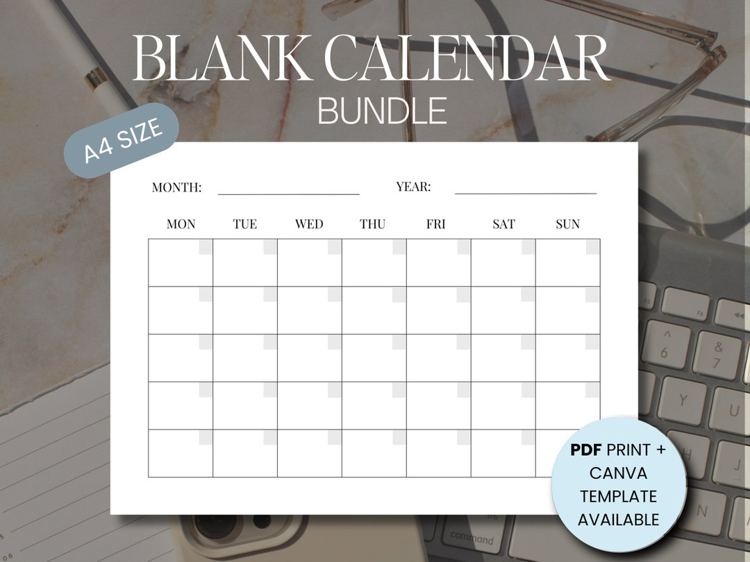 Blank Calendar Printable - Monthly Planning PDF, A4 & Letter Size ...