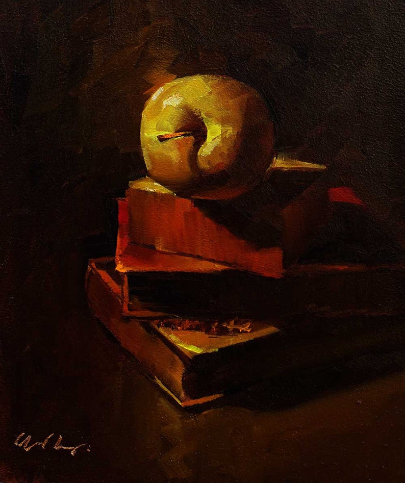 Still Life Oil Painting - Apple on Book - Etsy