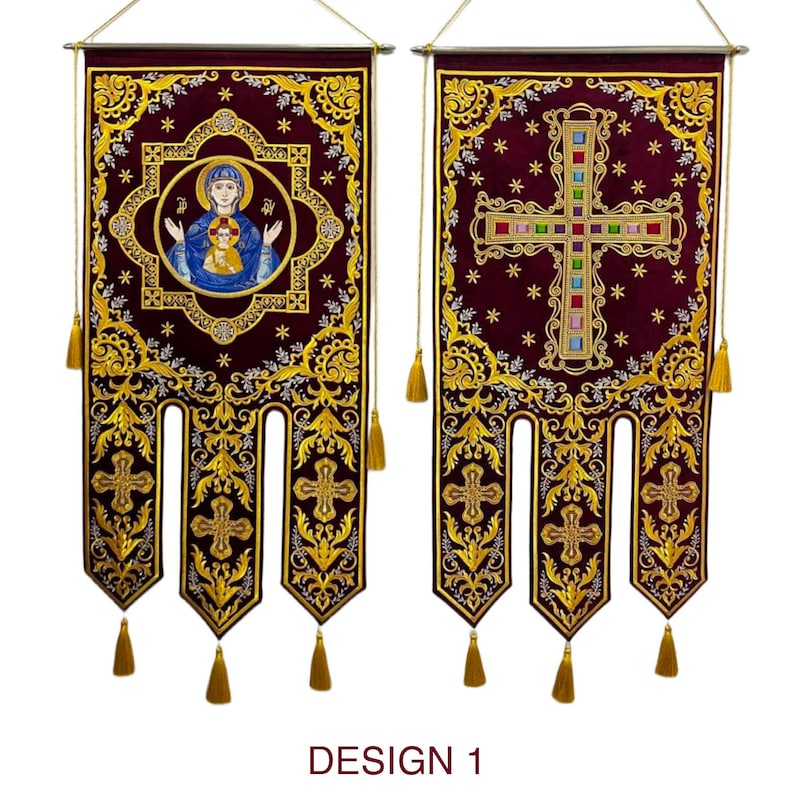 Embroidered Gonfalons of Jesus Christ and the Mother of God. Easter ...