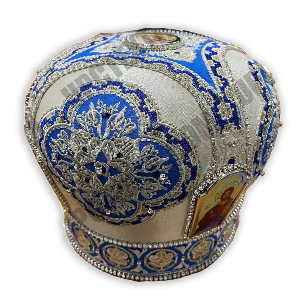 Embroidered Orthodox Blue Mitra. Bishop Headdress. Priest Mitra. Priest ...