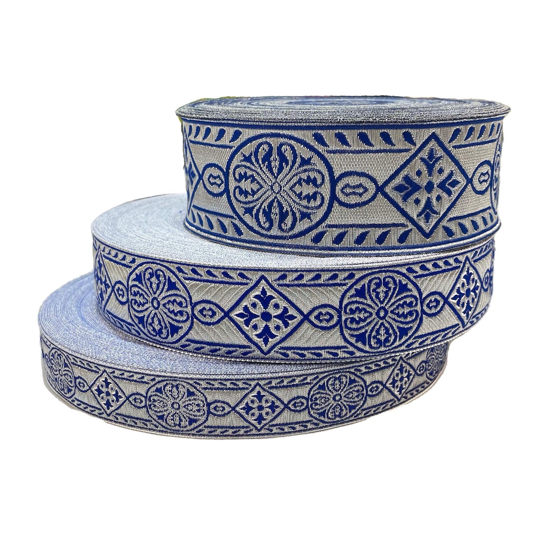 2,5 Cm, 4 Cm, 5 Cm Blue and Silver Church Jacquard Ribbon, Liturgical ...