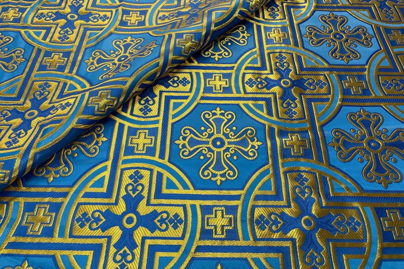 Metallic Gold and Light Blue Liturgical Fabric, Vestment Brocade ...