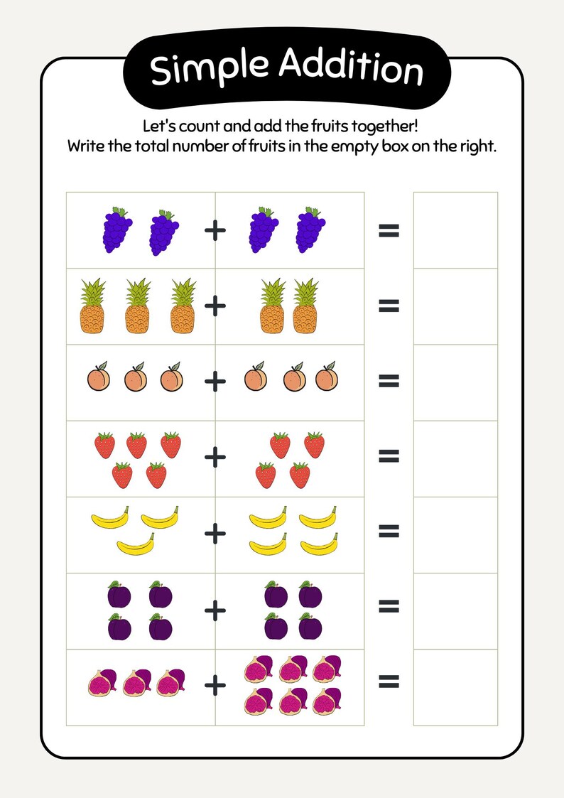 Fruit-themed Addition Worksheet for Kids Math Skills Practice, Printable Digital Learning ...