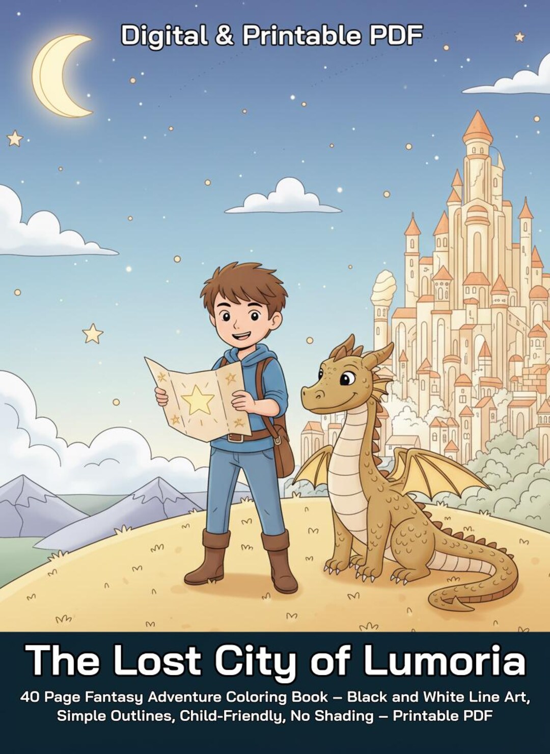 The Lost City of Lumoria – Fantasy Adventure Coloring Book – Black and White Line Art, Child ...