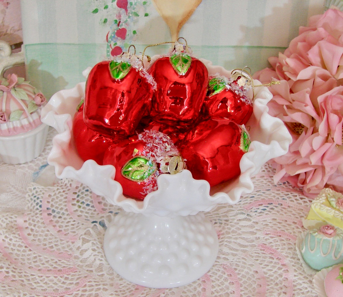 Set of FOUR Snow Adorned Glass Apple Ornaments With Green - Etsy