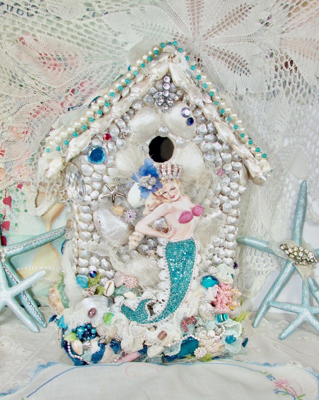 Mermaid Haven Seashell Seaside Ocean Birdhouse, Coastal Beach House ...