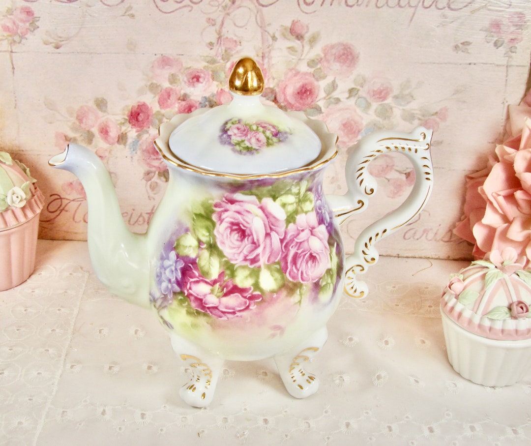 Vintage Lavender and Pink Roses Victoria Trading Company Teapot - Etsy