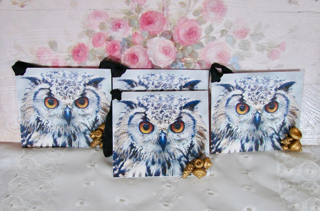 Set of Four Hand Made, Decorated Gray Owl Gift Tags, Ornaments, Hang ...