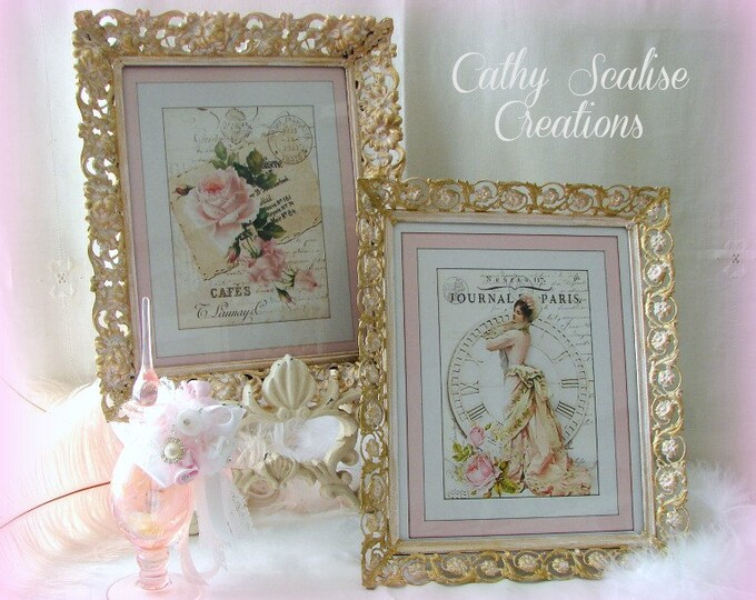 Vintage Pink 14K Pair of Ormolu Frames, Rose Adorned Frames, Antique ...